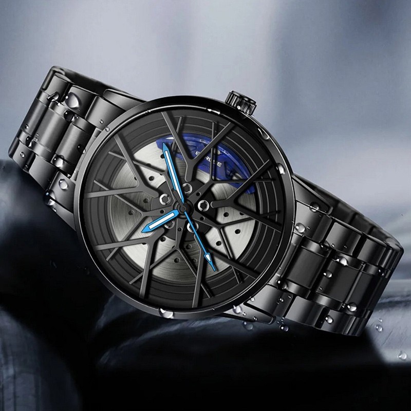 Fekete férfi karóra, nemesacél szíjjal Wheel • Divat órák